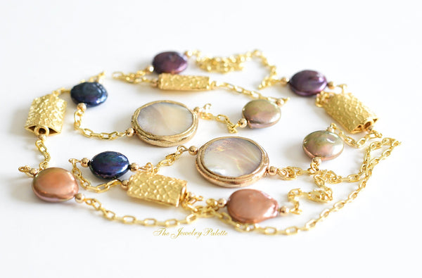 Lara multicolor coin pearls and gold chain necklace | The Jewelry Palette